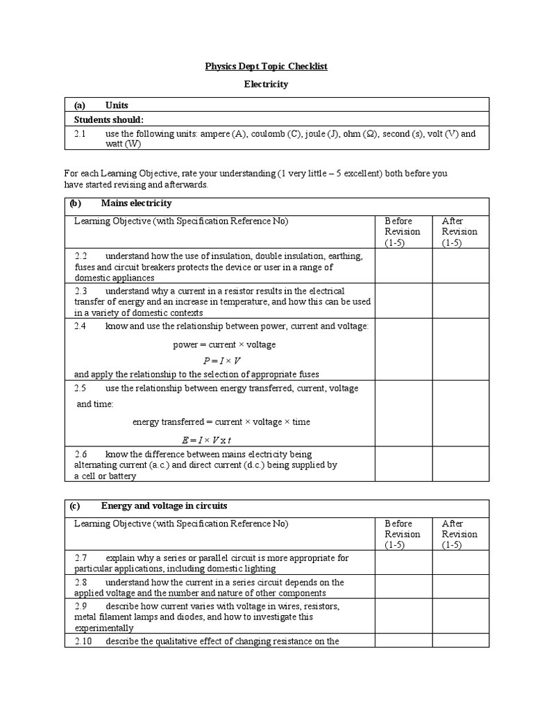 Physics Dept Topic Checklist Electricity (A) Units Students Should ...