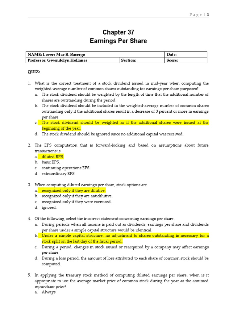 EPS Quiz and Practice Questions | PDF | Earnings Per Share | Preferred ...
