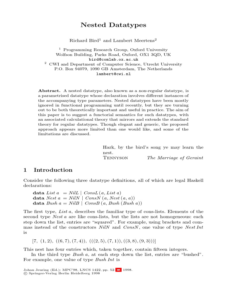 Nested Datatypes Abstract A Nested Datatype Also Known As A Non Regular Datatype Is Pdf 