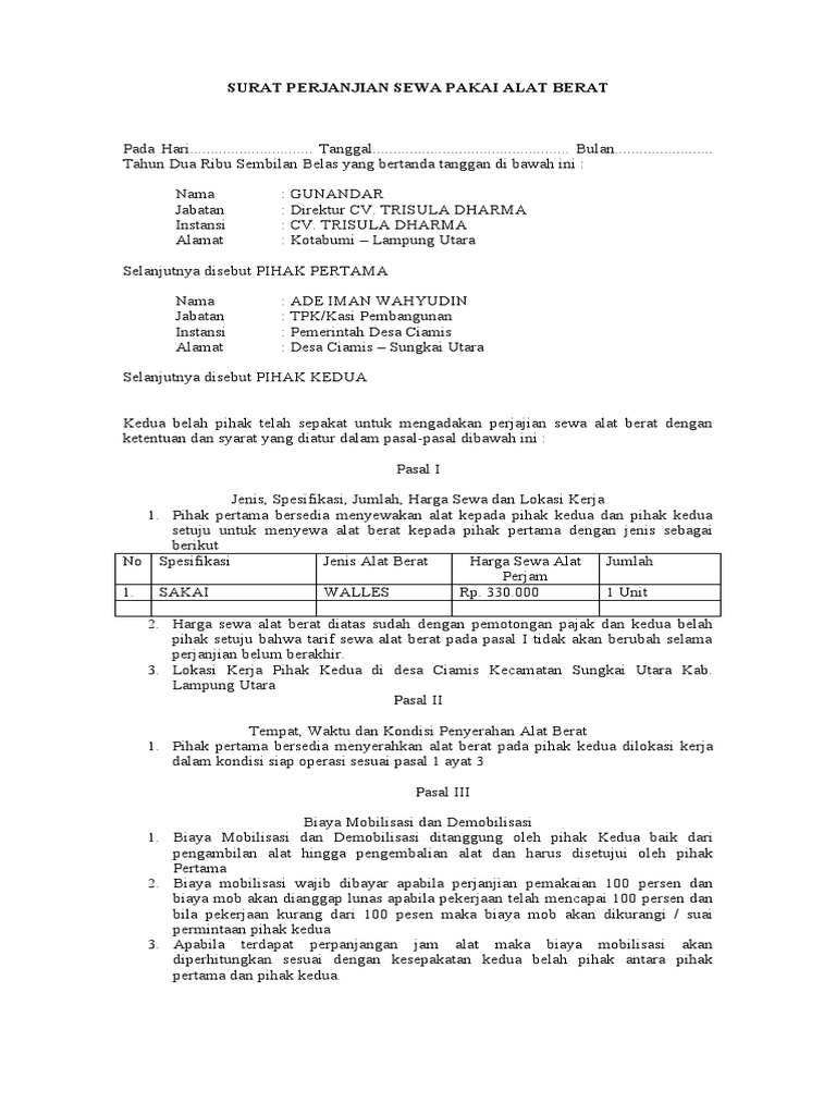 Perjanjian Sewa Alat Berat | PDF