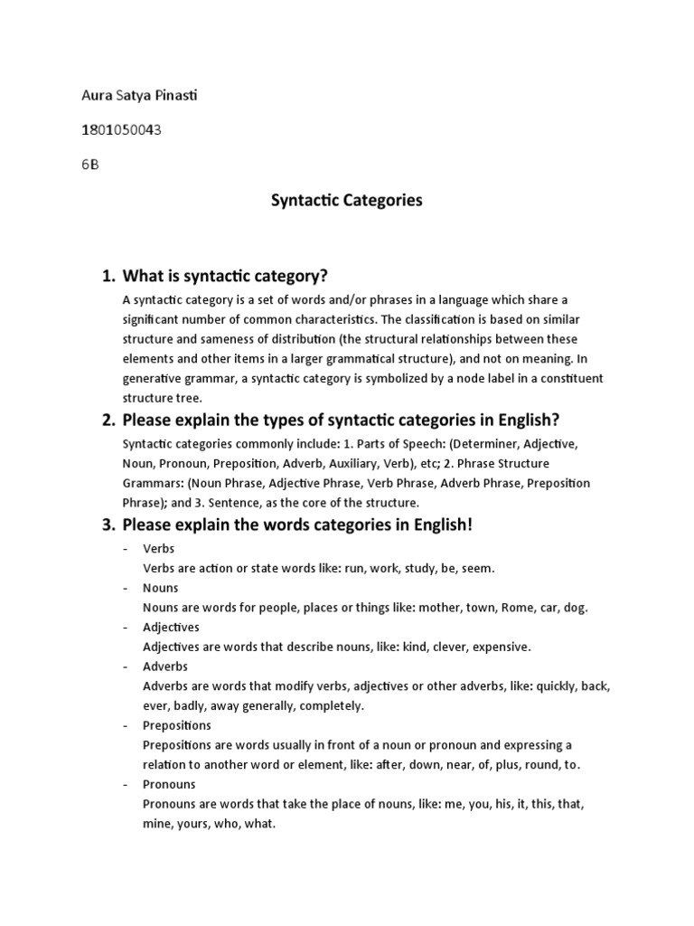 Syntactic Categories: Aura Satya Pinasti 1801050043 6B | PDF | Phrase | Adverb