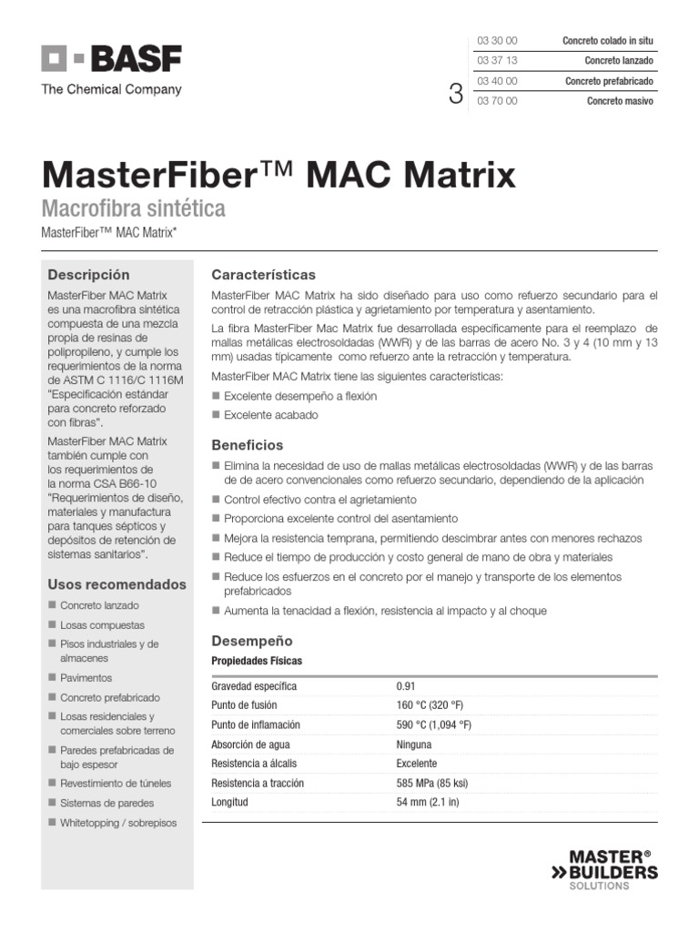 Basf-MasterFiber MAC Matrix-Tds-Sp | PDF | Hormigón | Acero