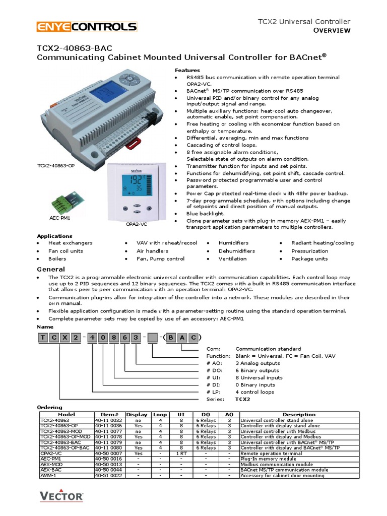 Tcx2-40863-Bac Communicating Cabinet Mounted Universal Controller For Bacnet | PDF | Parameter ...