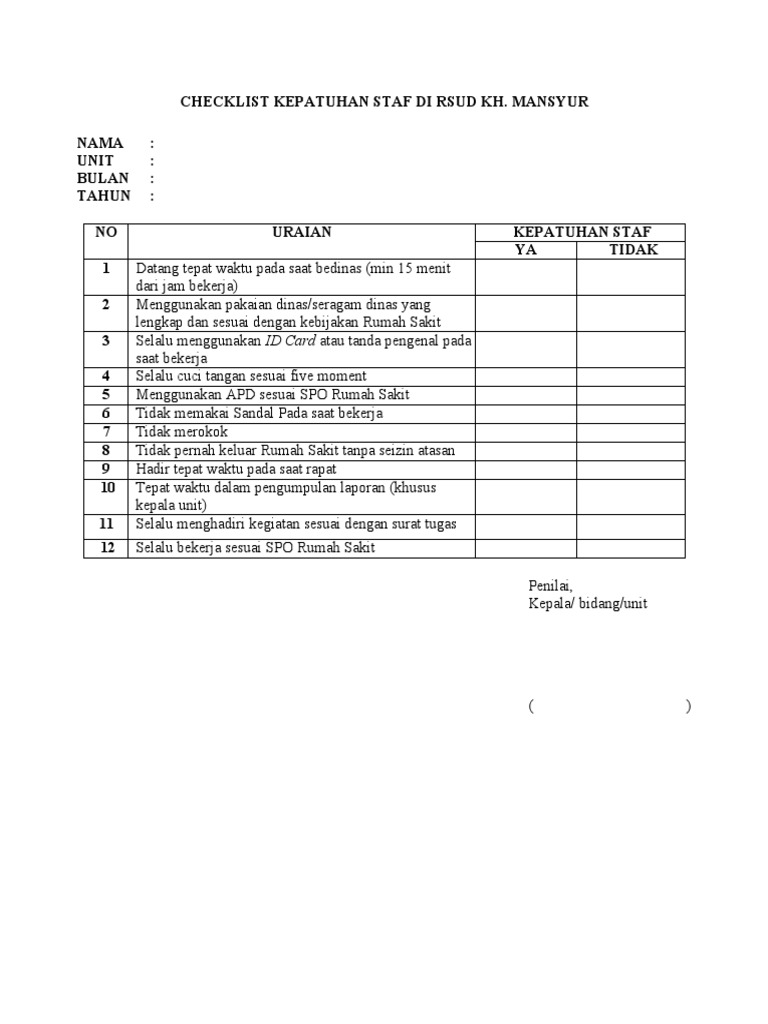 Tkrs 2 Ep 6 Checklist Kepatuhan Staff | PDF