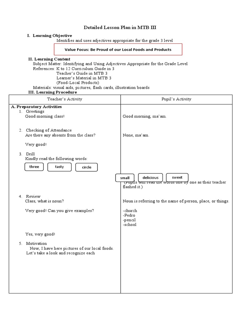 Detailed Lesson Plan in MTB | PDF | Lesson Plan | Adjective