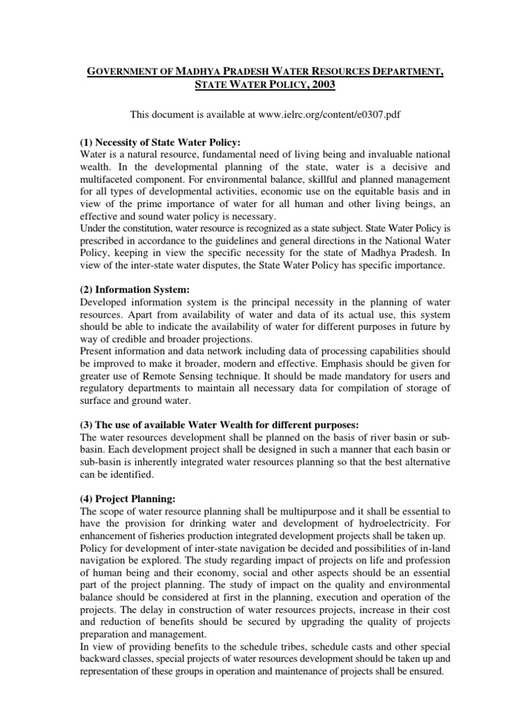 G M P W R D, S W P, 2003: (1) Necessity of State Water Policy | PDF ...