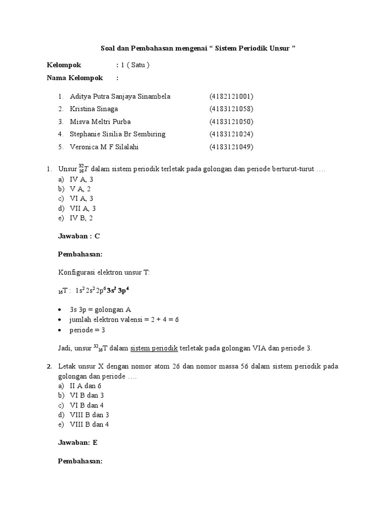 Kelompok 1 - Soal Dan Pembahasan Sistem Periodik Unsur | PDF