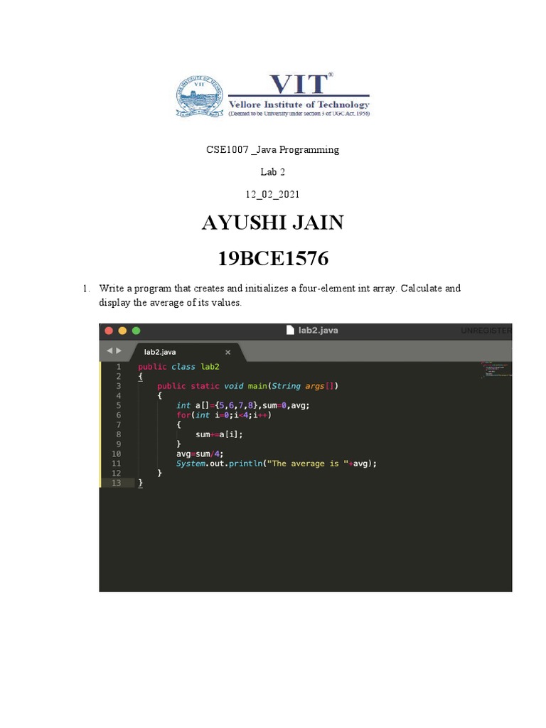 Ayushi Jain 19BCE1576: CSE1007 - Java Programming Lab 2 12 - 02 - 2021 | PDF