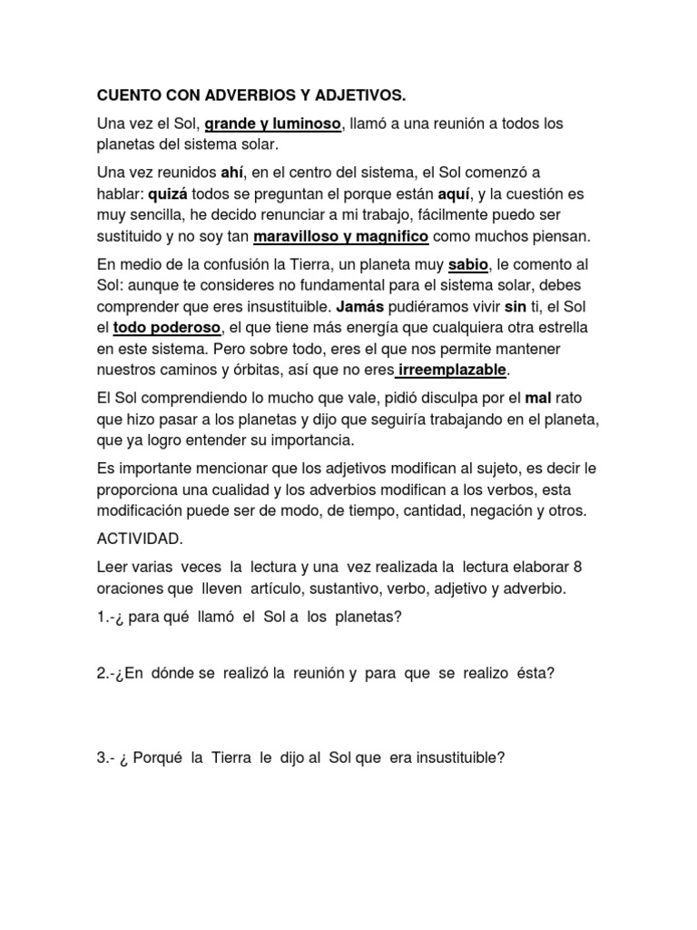 Cuento Con Adverbios y Adjetivos | PDF