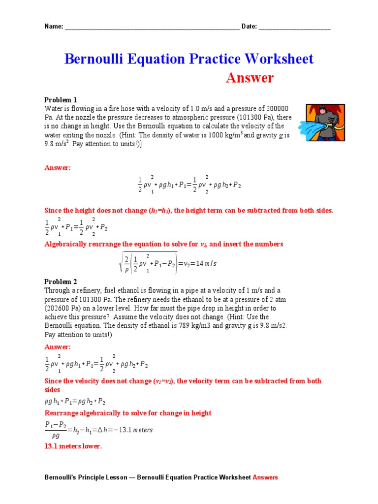 Bernoulli Equation Practice Worksheet: Answer S | PDF