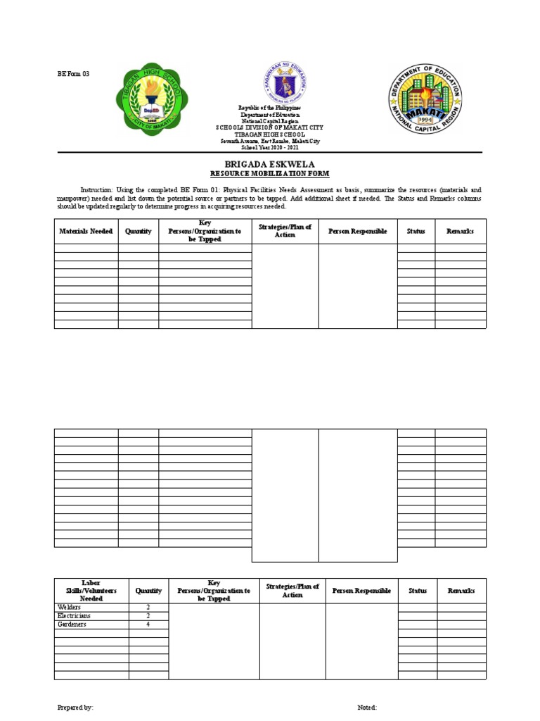 Brigada Eskwela: BE Form 03 | PDF