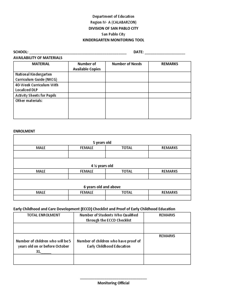 Kindergarten Monitoring Tool | PDF