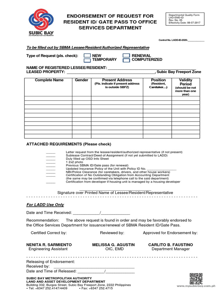 Endorsement For Issuance of SBMA ID | PDF | Lease | Civil Law (Legal ...