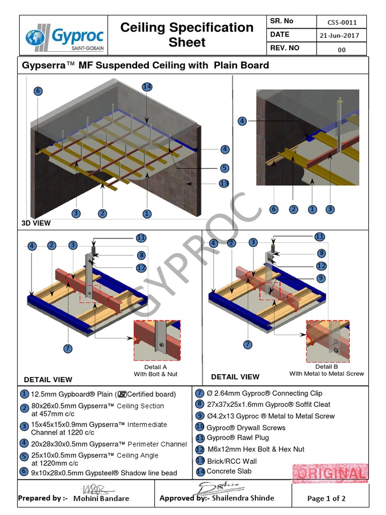 Gyproc: Ceiling Specification Sheet | PDF | Drywall | Galvanization