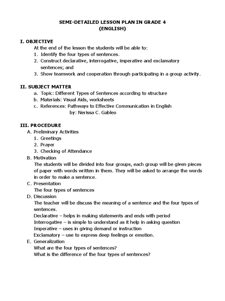 Semi-Detailed Lesson Plan in Grade 4 (English) I. Objective | PDF