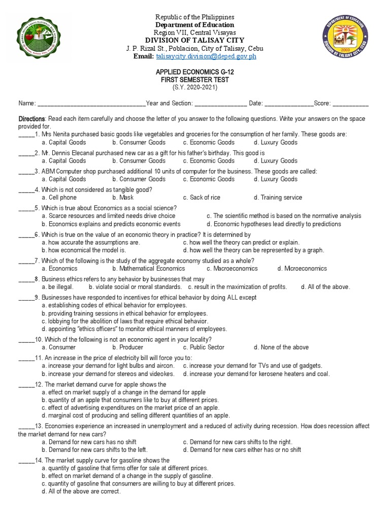 Applied Economics Test | PDF | Demand | Economic Equilibrium