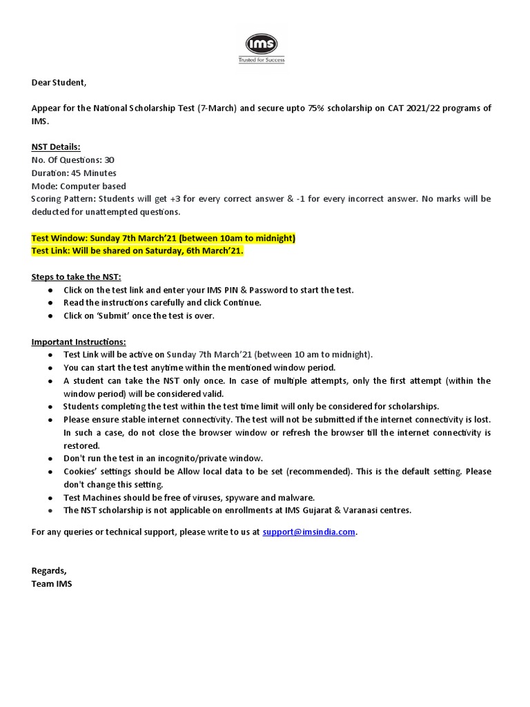 NST Test Link & Important Guidelines | PDF