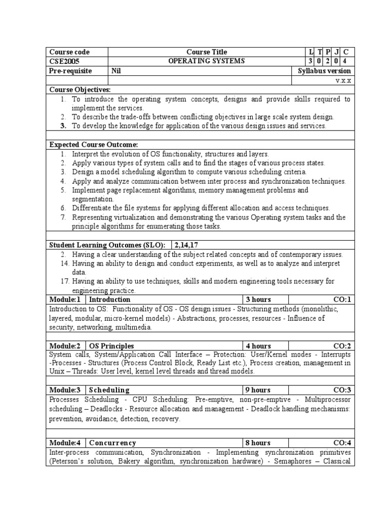 CSE2005 OS Syllabus Revised 04 Sep 2020 - New | PDF | Scheduling (Computing) | Operating System