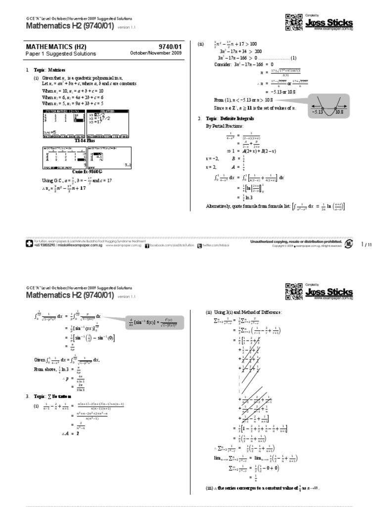 Gce A Level 2009 h2 Maths 9740 Paper 1 Solutions | PDF | Mathematical ...