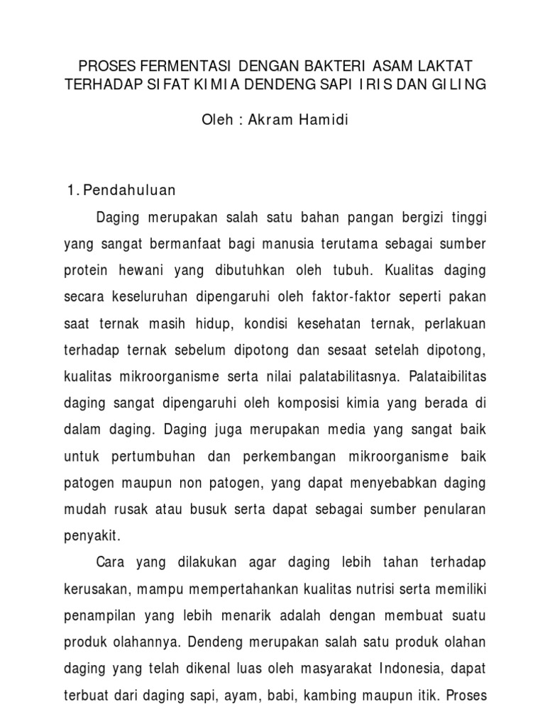Proses Fermentasi Dengan Bakteri Asam Laktat Terhadap Sifat Kimia Dendeng Sapi Iris Dan Giling ...