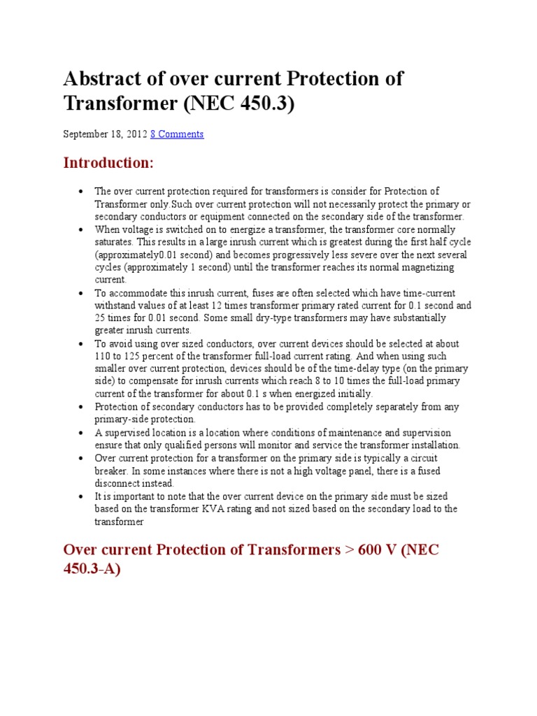Abstract of Over Current Protection of Transformer (NEC 450.3) | PDF ...