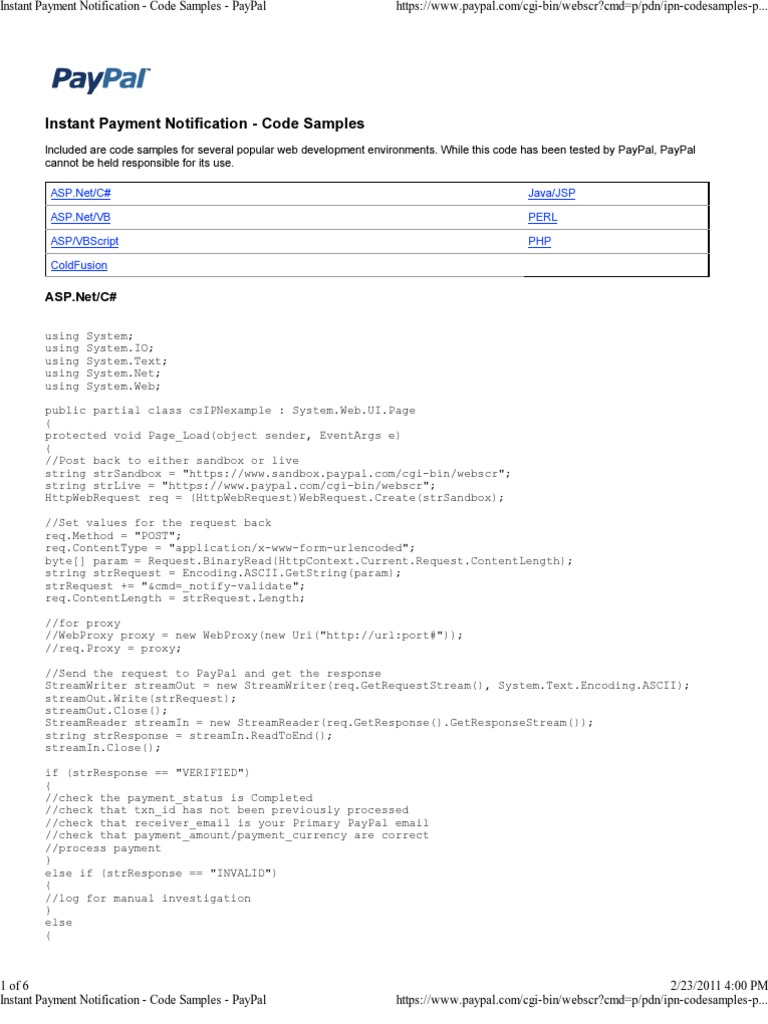 Instant Payment Notification - Code Samples - PayPal | PDF | String (Computer Science) | Software