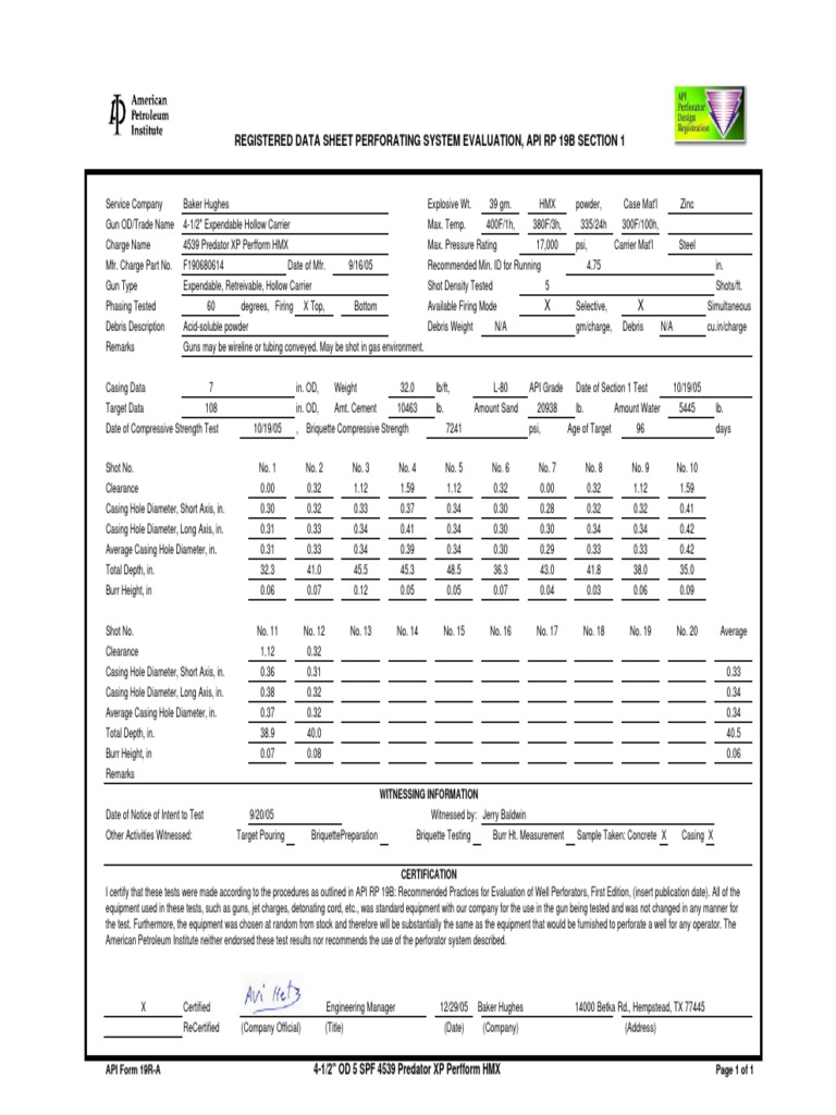 Registered Data Sheet Perforating System Evaluation, Api RP 19B Section ...