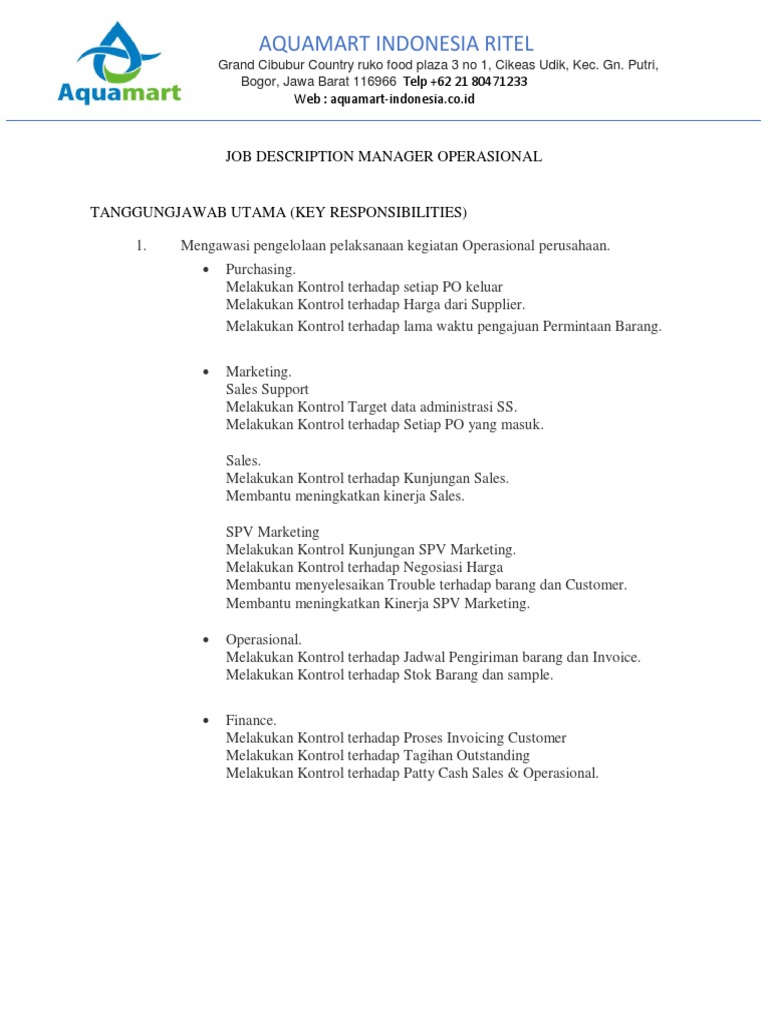 Job Desc Manager Operasional | PDF