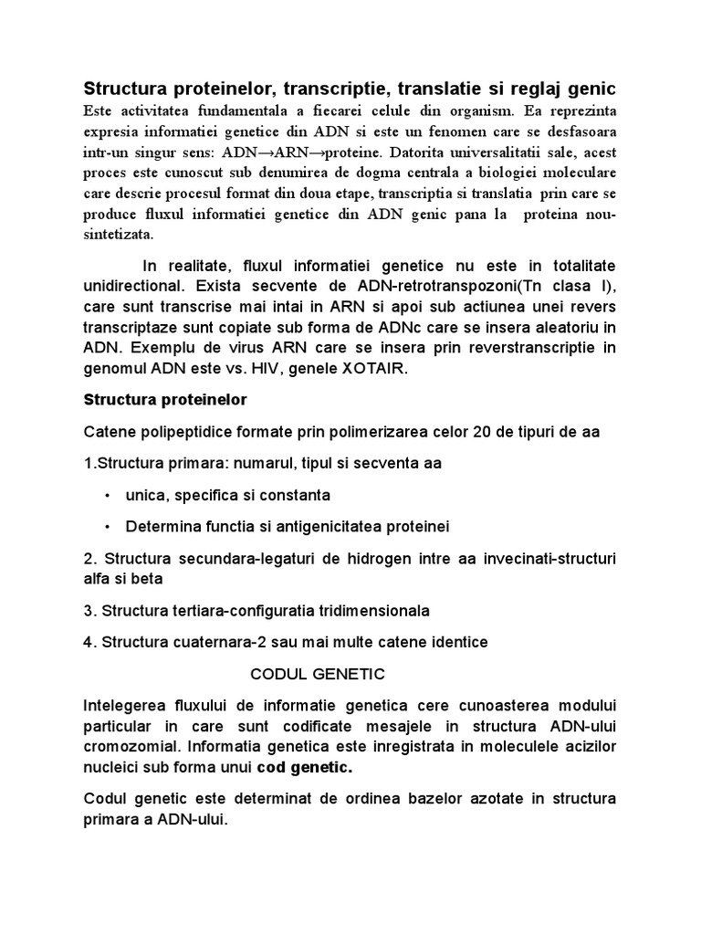 Structura Proteinelor, Transcriptie, Translatie Si Reglaj Genic | PDF