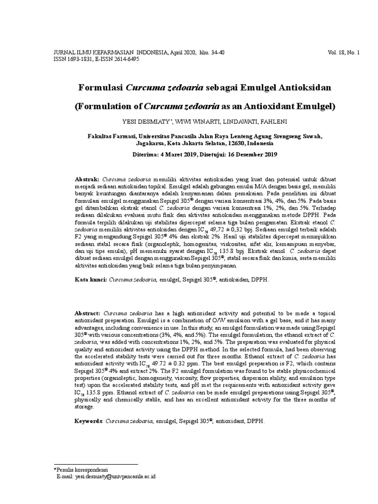 Jurnal Formulasi Curcuma Zedoaria Sebagai Emulgel Antioksidan | PDF