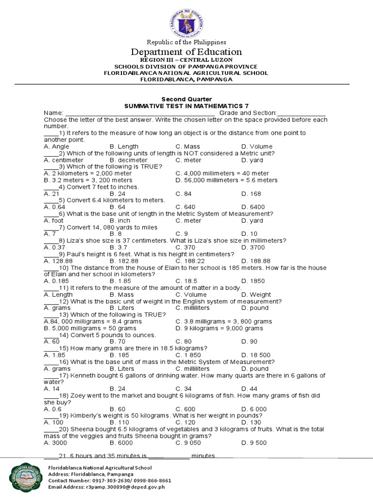 Second-Quarter-SUMMATIVE-TEST in Grade 7 Math | PDF | Pound (Mass ...