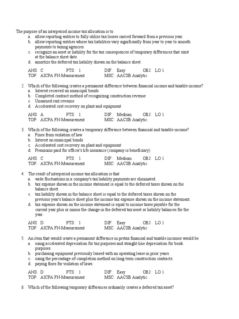 The Purpose of An Interperiod Income Tax Allocation Is To | PDF ...