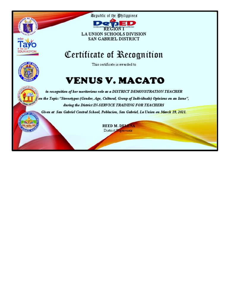 Certificate of Recognition for Demo Teacher | PDF