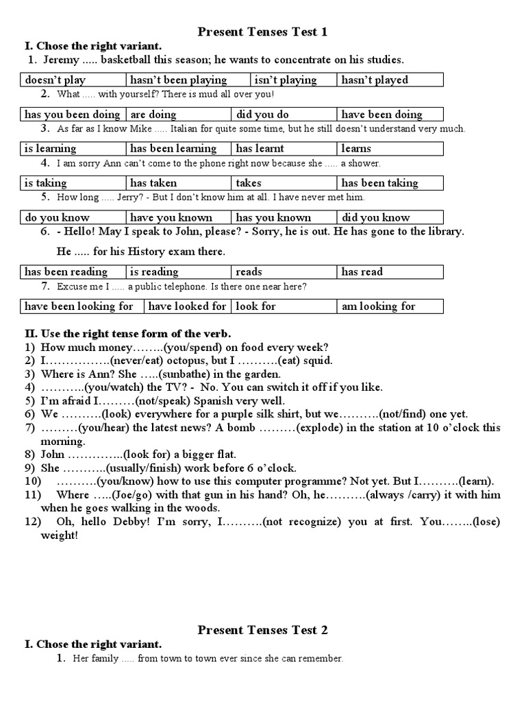 Present Tenses Test 1: I. Chose The Right Variant | PDF