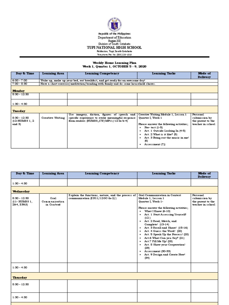 Weekly Home Learning Plan (English) | PDF | Education Theory | Learning