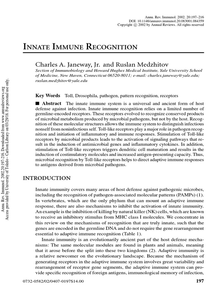 Nnate Mmune Ecognition: Charles A. Janeway, Jr. and Ruslan Medzhitov ...