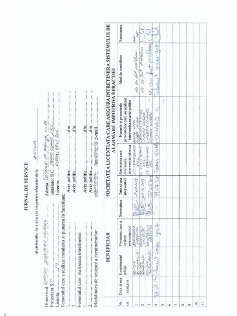Jurnal Service Alarma | PDF