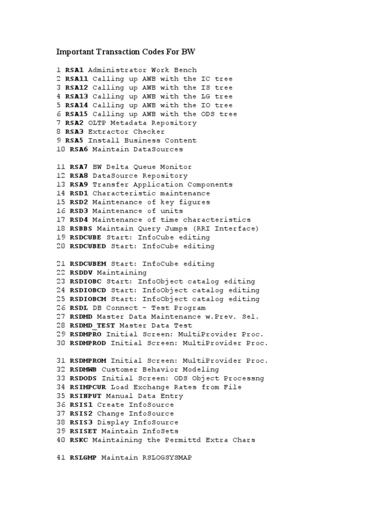 Important Transaction Codes For BW | PDF | Business