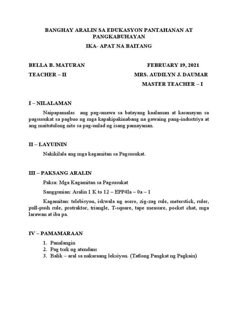 Banghay Aralin Sa Edukasyon Pantahanan at Pangkabuhayan | PDF