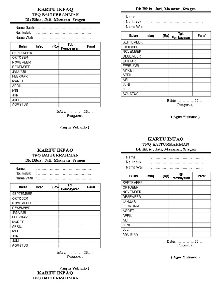 Kartu Infaq Santri TPQ | PDF