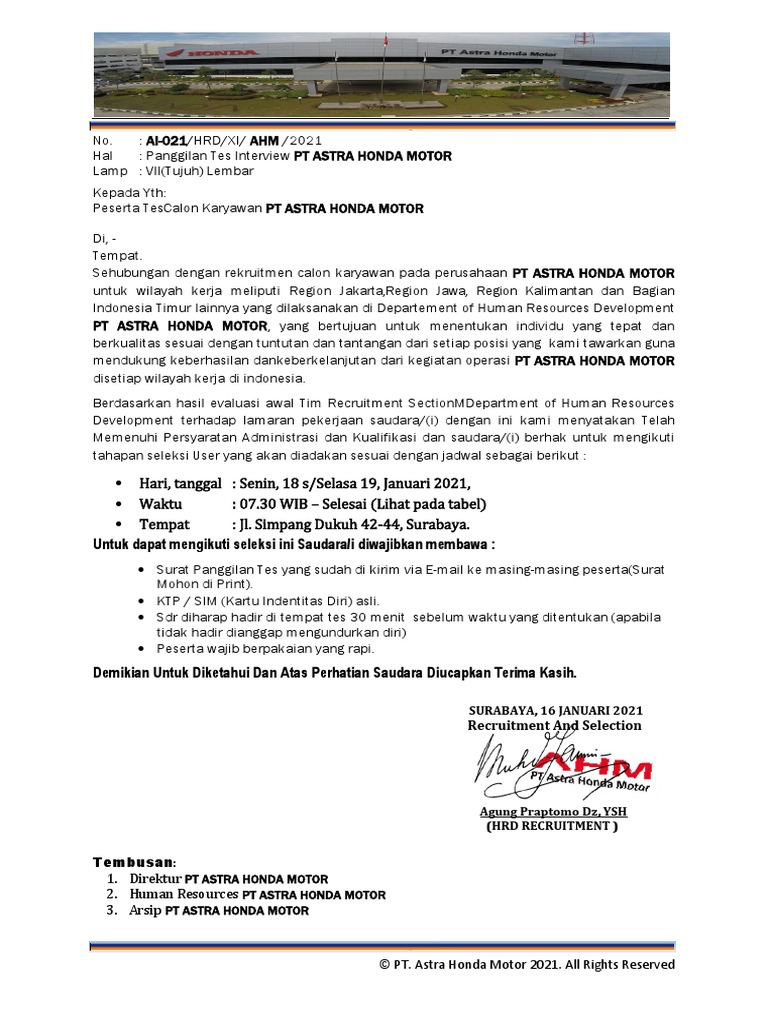 Undangan Tes Interview PT Astra Honda Motor | PDF