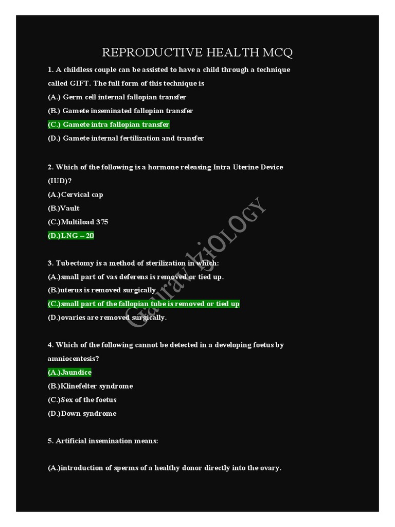 Reproductive Health MCQ | PDF | Birth Control | Fertilisation