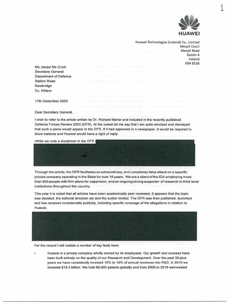 Huawei Letter To Dept. of Defence | PDF