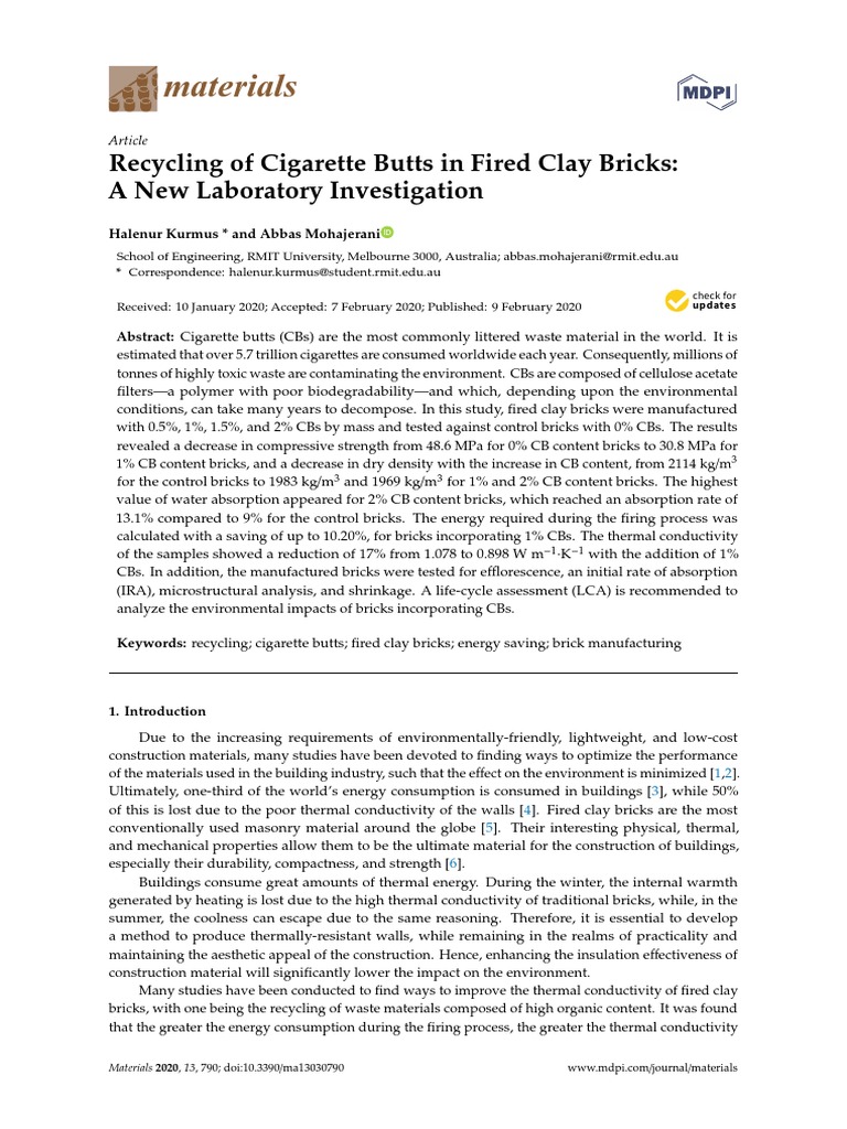 Materials: Recycling of Cigarette Butts in Fired Clay Bricks: A New ...