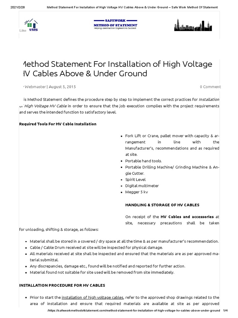Method Statement For Installation Of High Voltage Hv Cables Above And Under Ground Safe Work