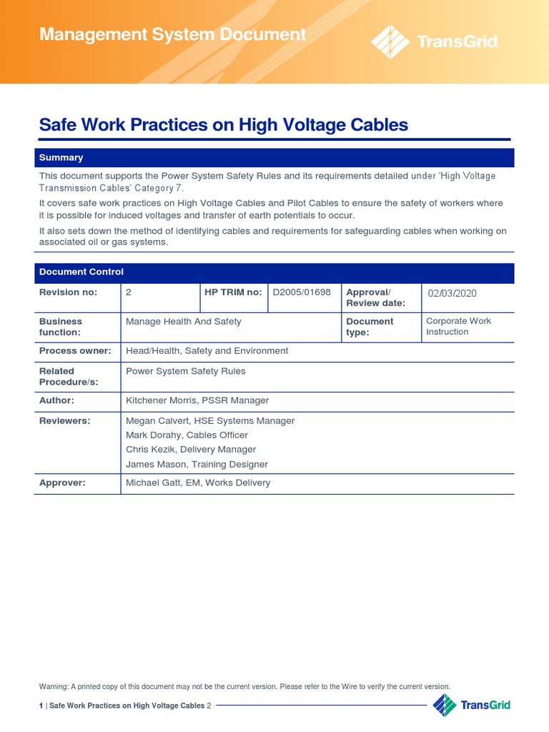 Safe Work Practices On High Voltage Cables | PDF | Insulator ...