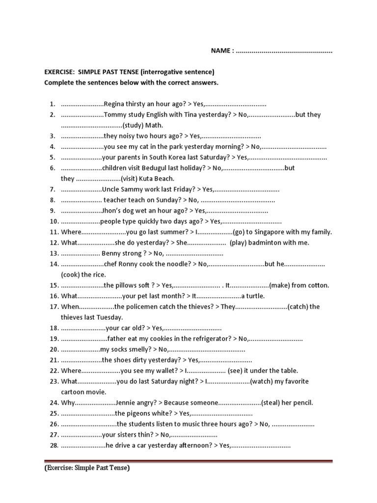 Simple Past Tense Interrogative Form Fun Activities Games - 37522 | PDF