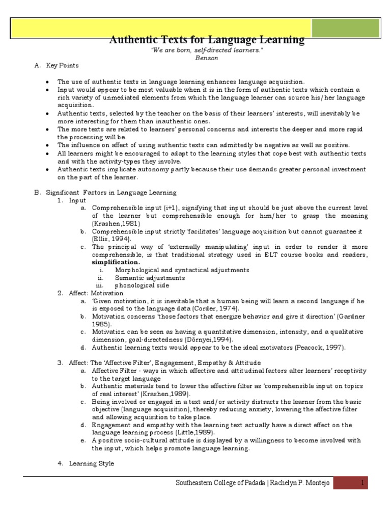 Authentic Texts For Language Learning: "We Are Born, Self-Directed ...