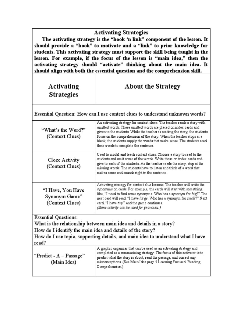 Activating Strategies Handout | PDF | Reading Comprehension