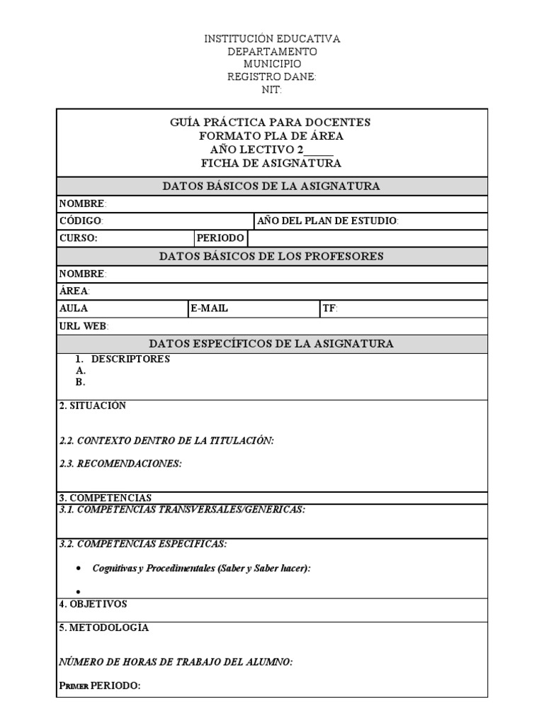 Modelo Plan De Area Pdf Maestros Aprendizaje